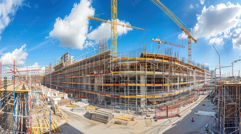 wide-angle view of a large commercial building under construction with ...