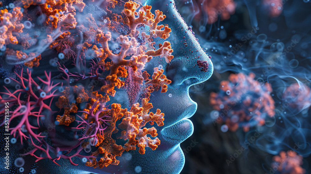 3D model of the respiratory system showing fungal infection caused by ...