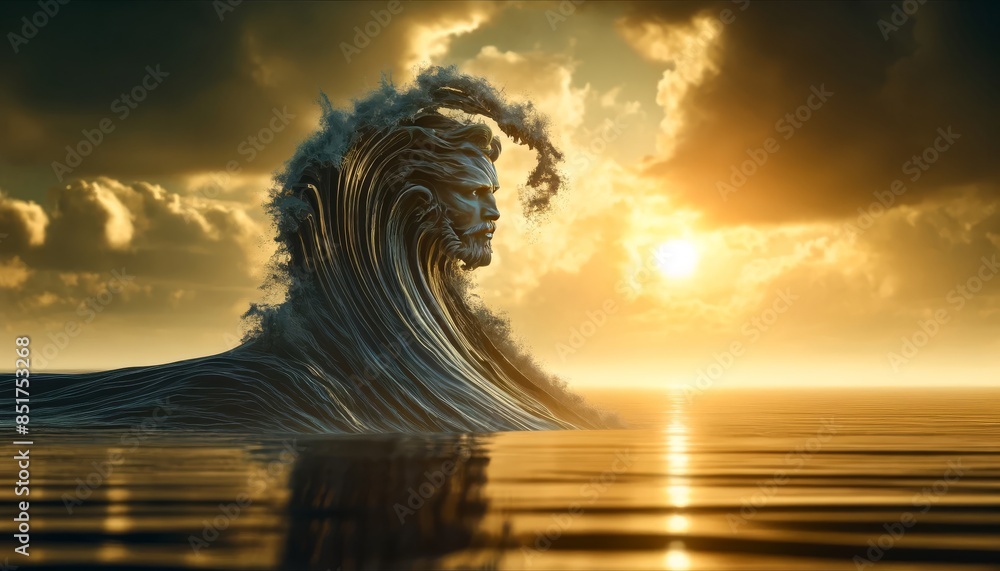 A powerful wave sculpted to resemble a human figure rising from the sea ...