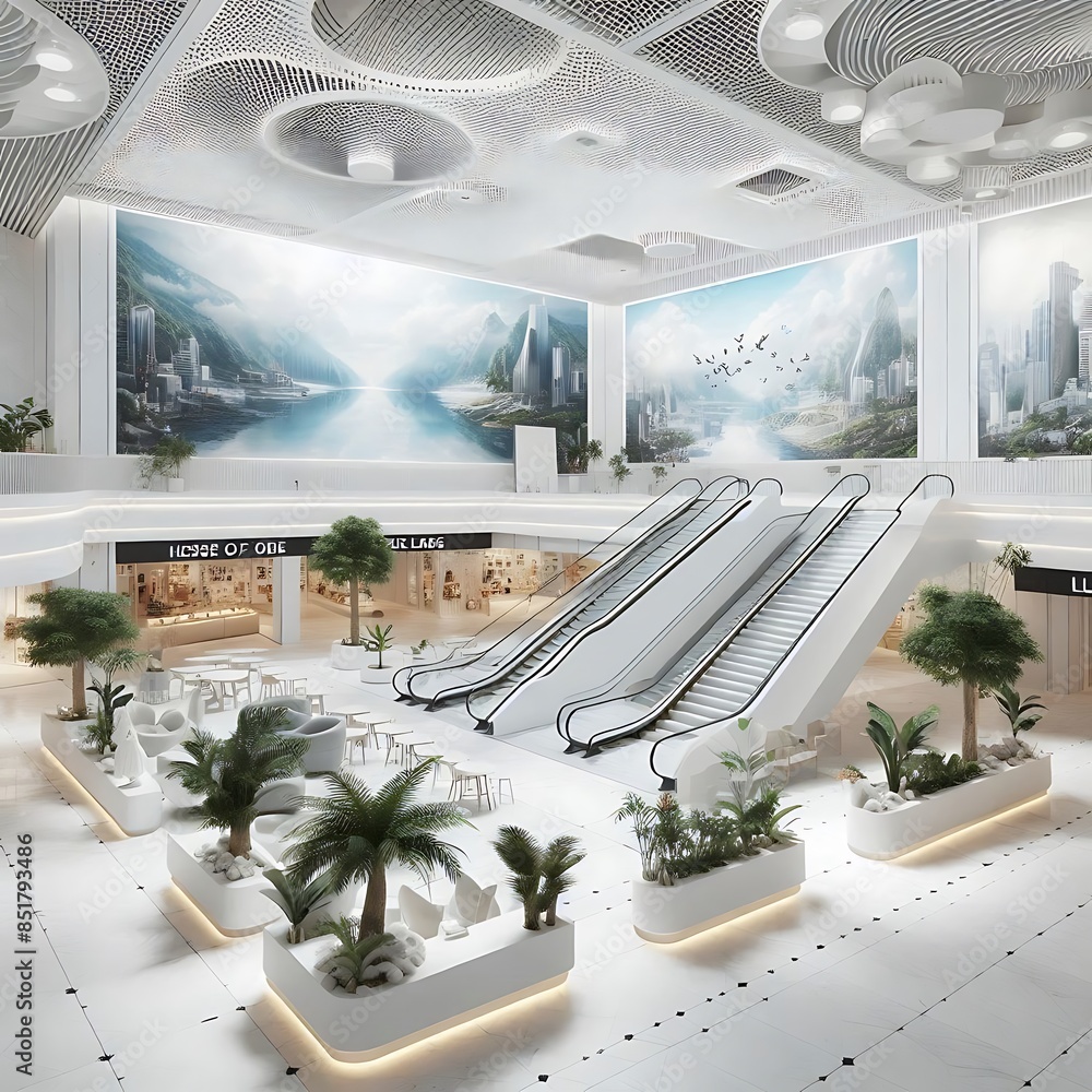 Modern commercial building interior with A large blank white screen ...
