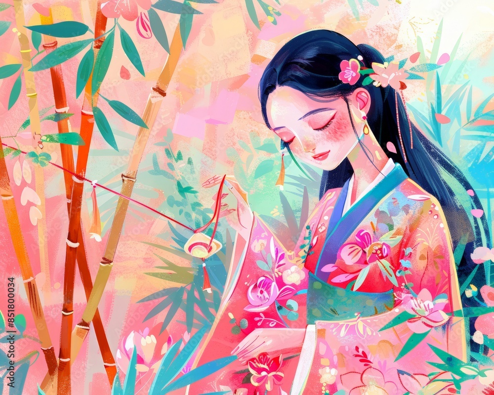 Qixi or Chilseok. A young beautiful Chinese woman in a pink kimono on a ...