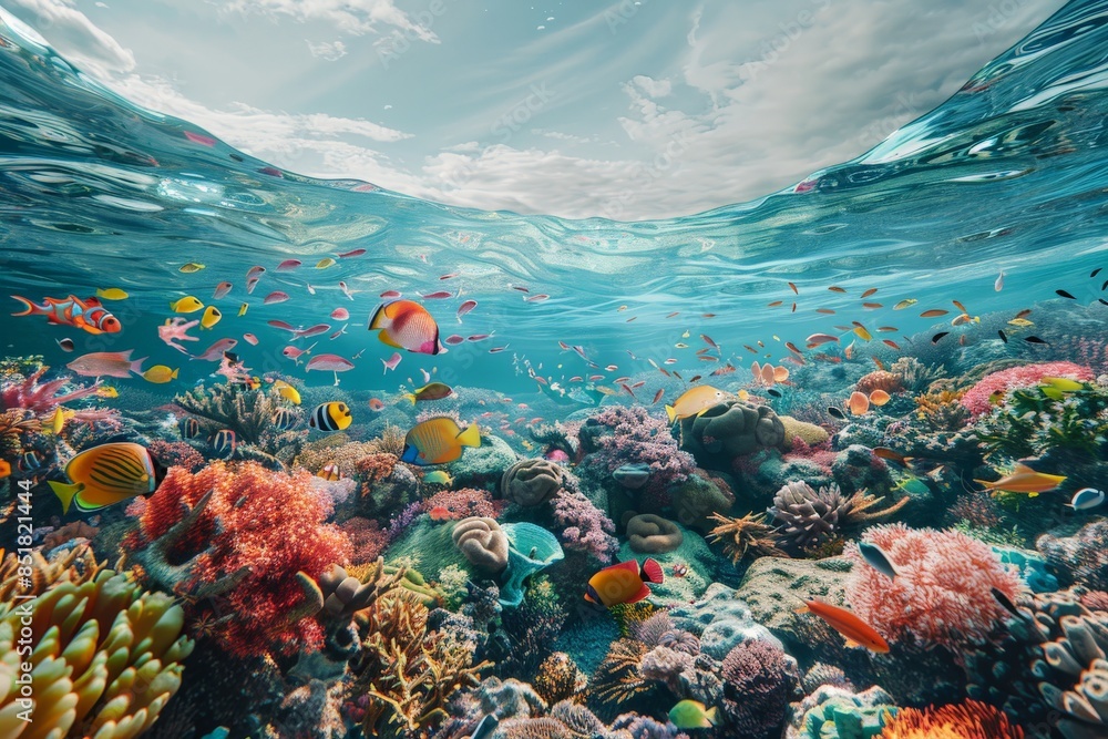 Vibrant underwater coral reef teeming with colorful fish and marine ...
