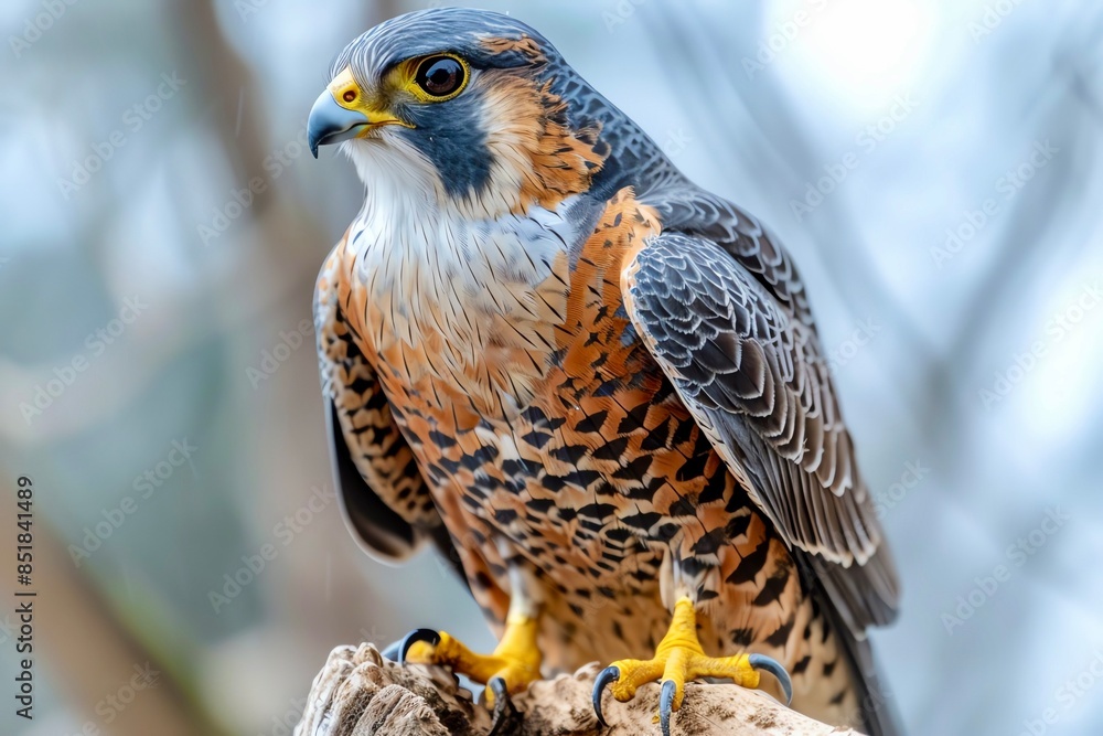 Perched Falcon A falcon perched and ready to take flight against a ...