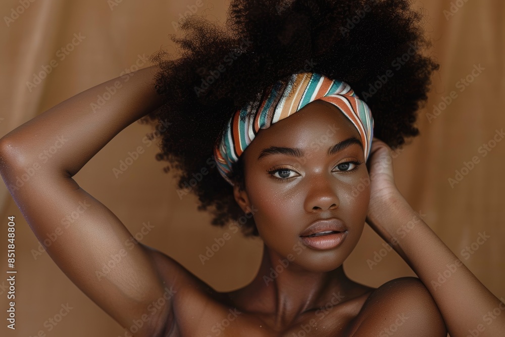 Nigerian origin, black woman, afro hair and scarf for fashion, studio ...