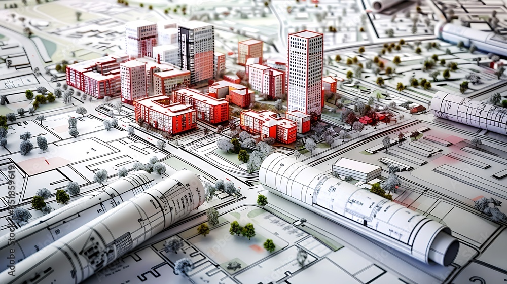 Urban planning and architecture with 3D city model, red highlights, blueprints, planning and ...