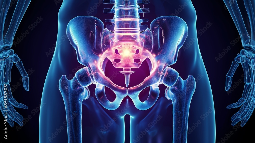 3D rendered medical illustration of human pelvis highlighting hip joint ...