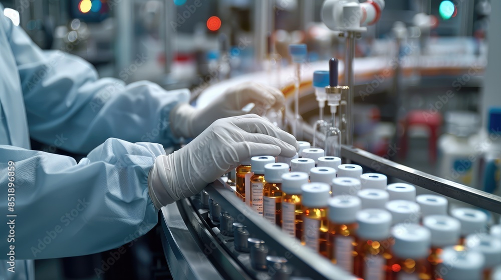 A laboratory researcher wearing protective white gloves examines ...