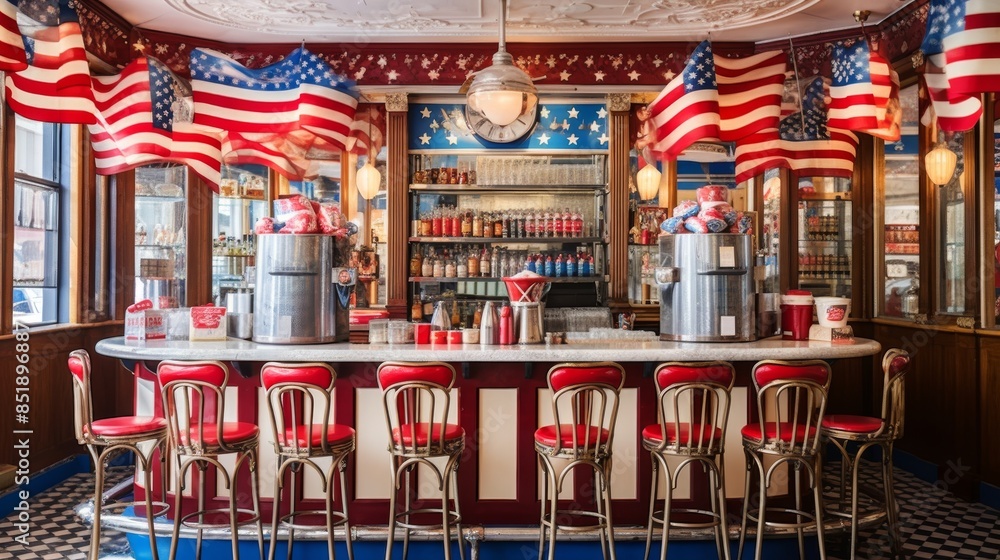 Retro American diner with patriotic decor, featuring a classic counter ...