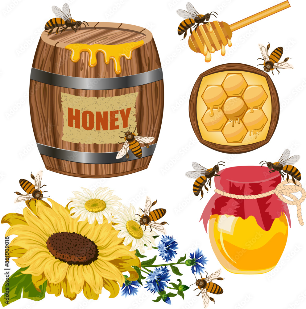 Vector set with honey and bees.Barrel and jar with honey, bees, flowers ...