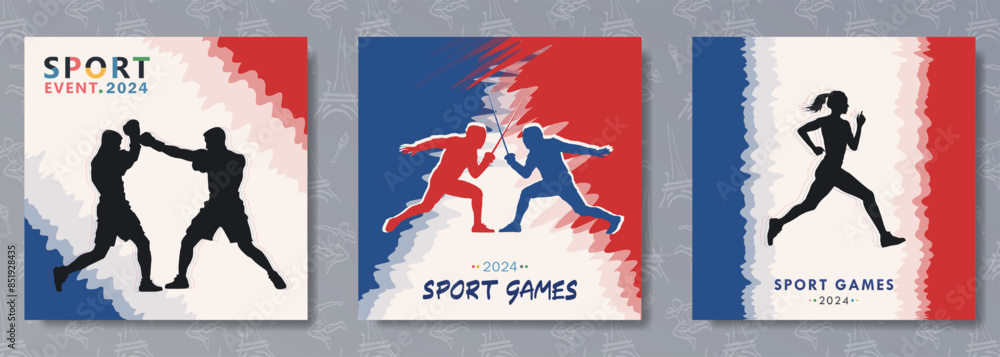 Posters with dynamic silhouettes of boxers, fencers and athletic woman ...