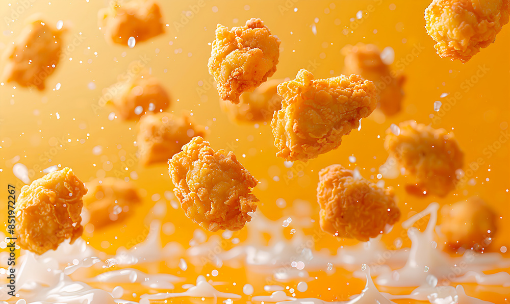 Close-up of golden brown crispy chicken nuggets falling into a pool of ...