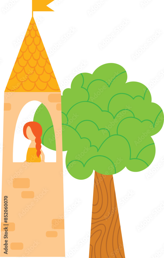 Princess peering out castle tower window, long braid, fairytale scene ...