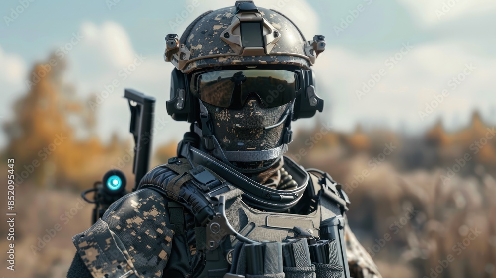 Special forces soldier in full gear helmets and mask modern technology ...