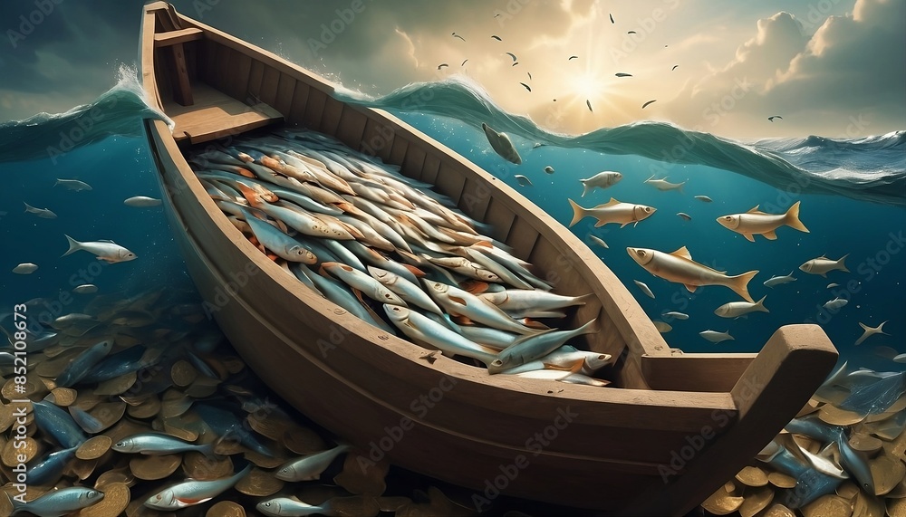 Abundance of Peter's Boat Overflowing with Fish at Jesus' Command ...