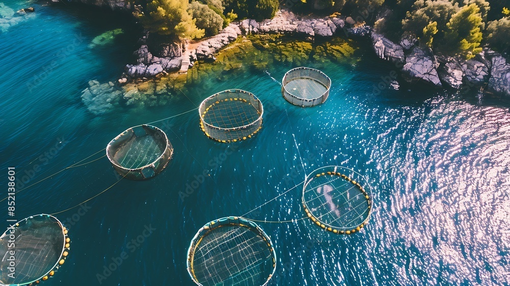 Aerial drone photo of self feeding fish farming unit of sea bass and ...