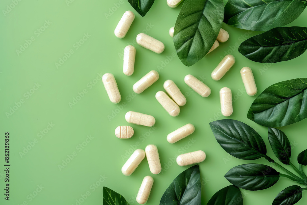 Dietary supplement pills with plant leaves next to on empty green ...