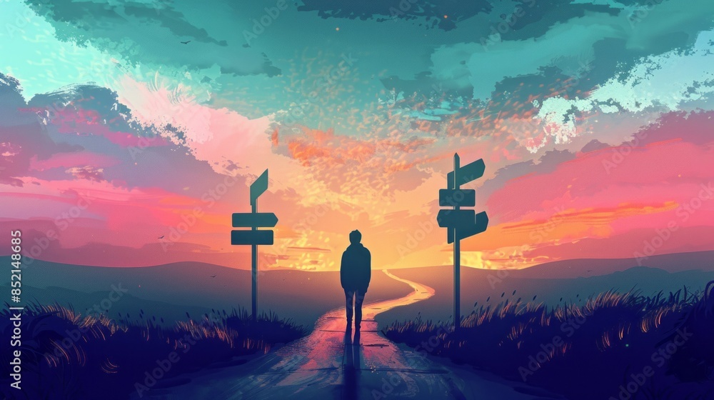 a person standing at a crossroads with signposts, each labeled with ...