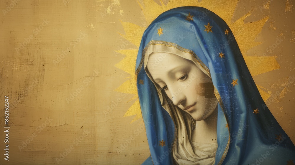 An antique painting of the Holy Mother with a blue veil, depicting a ...