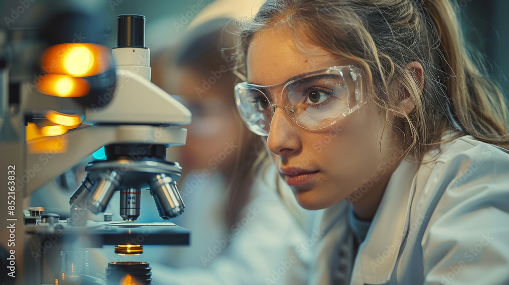 Group of college students performing experiment using microscope in science lab. University ...