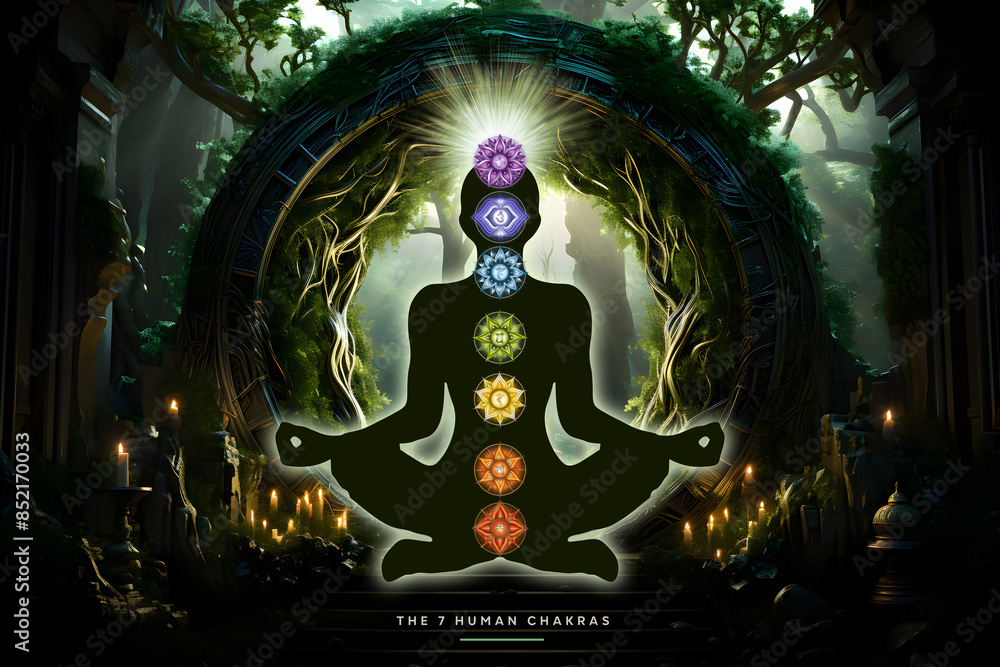 Human silhouette in yoga, lotus pose with 7 Chakras, mystical temple ...