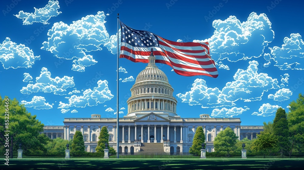 Iconic United States Capitol Building with Majestic American Flag ...