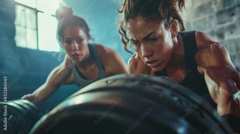 Two focused female athletes lifting heavy weights in a gym ...