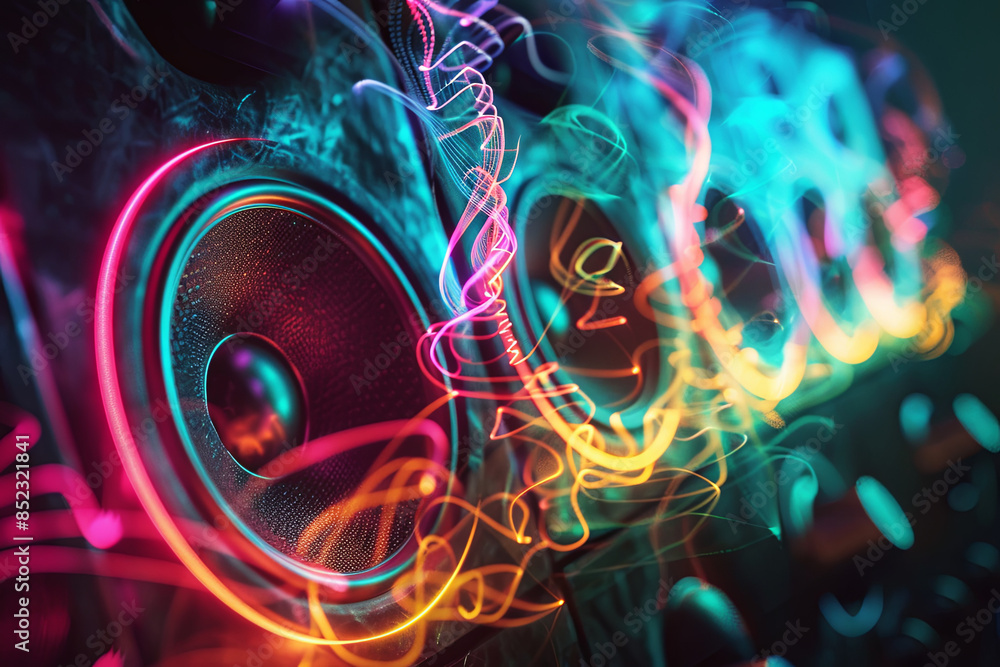 Sound speakers with neon lights and visible sound wave against black ...
