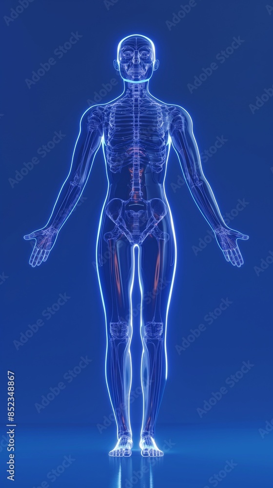 3D image of full body female human in front view with blue background ...