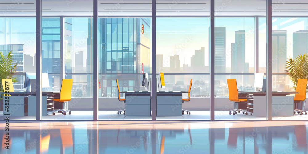 2d background A sleek, modern office with open workspaces, employees ...