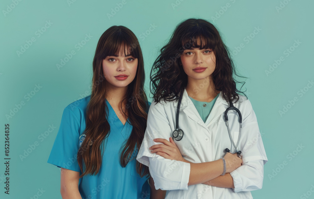 Two beautiful female doctors standing back to back to each other, one ...