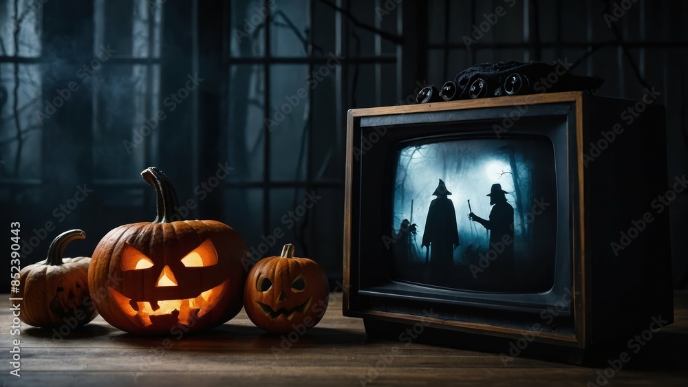 Scary movie marathon setup with pumpkins, candle, skull, and ...