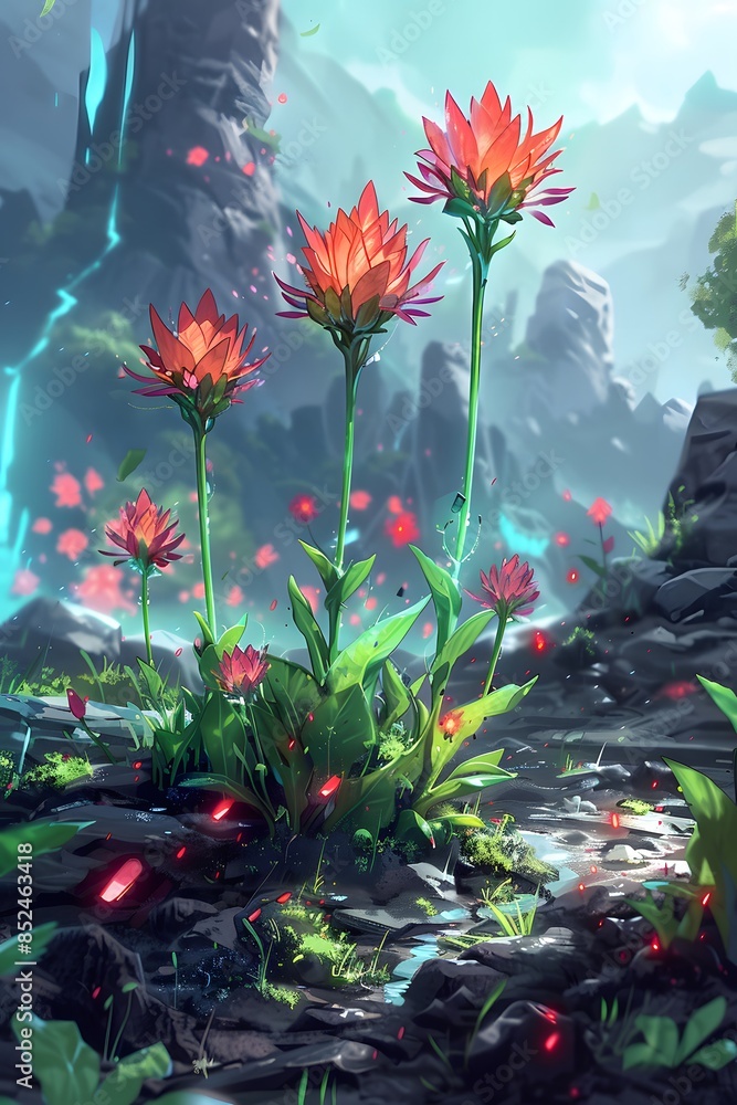 2D Illustrate, Poisonous plants blooming in a post-apocalyptic ...