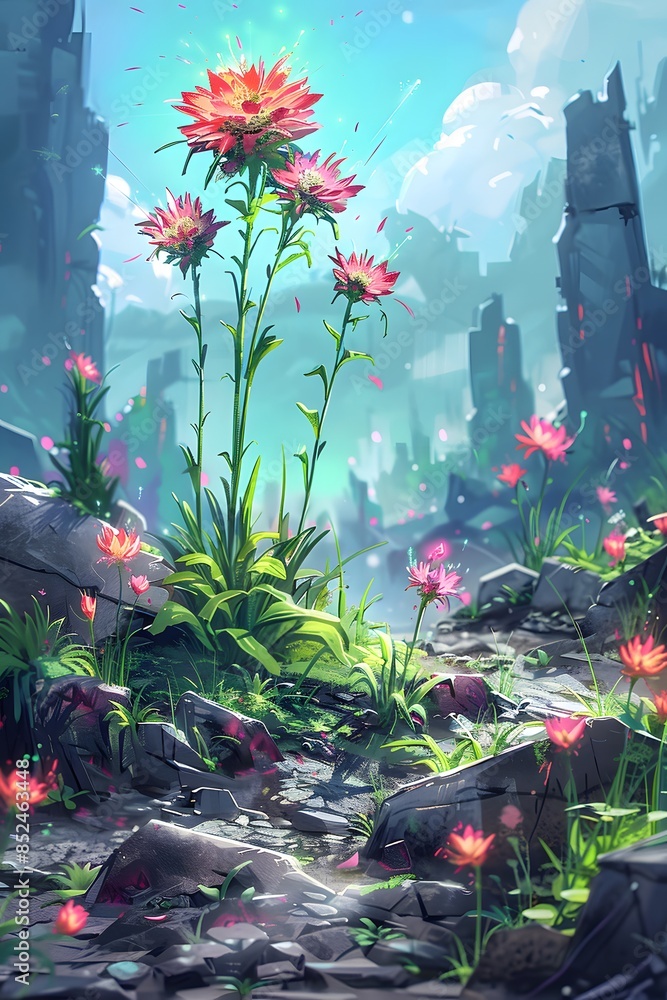 2D Illustrate, Poisonous plants blooming in a post-apocalyptic ...