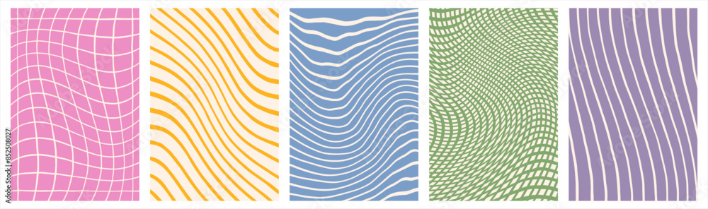 Hand drawn geometric funky groovy backgrounds set. Distorted check ...