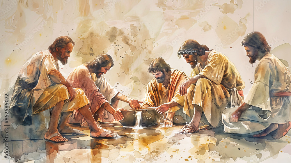 A watercolor painting depicting Jesus washing the feet of his disciples ...