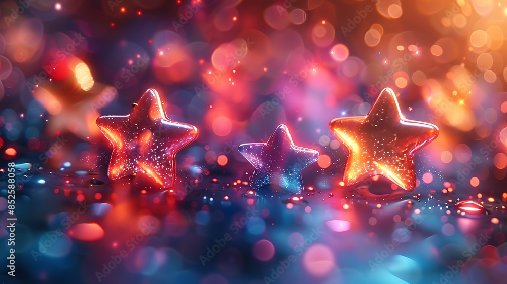 An abstract scene with holographic stars on a reflective surface ...