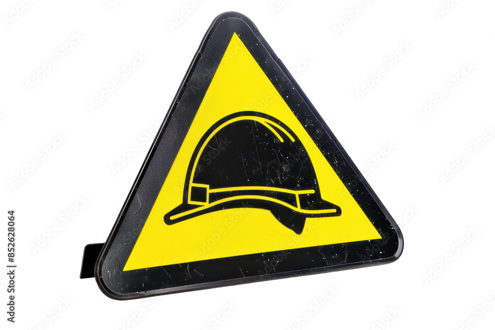 Yellow triangle construction safety sign indicating the requirement to ...