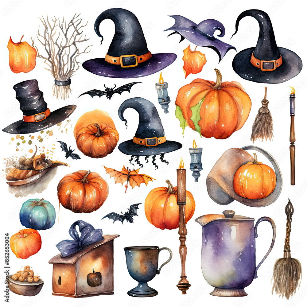 Charming Halloween Watercolor Illustration Featuring Pumpkins, Witch ...