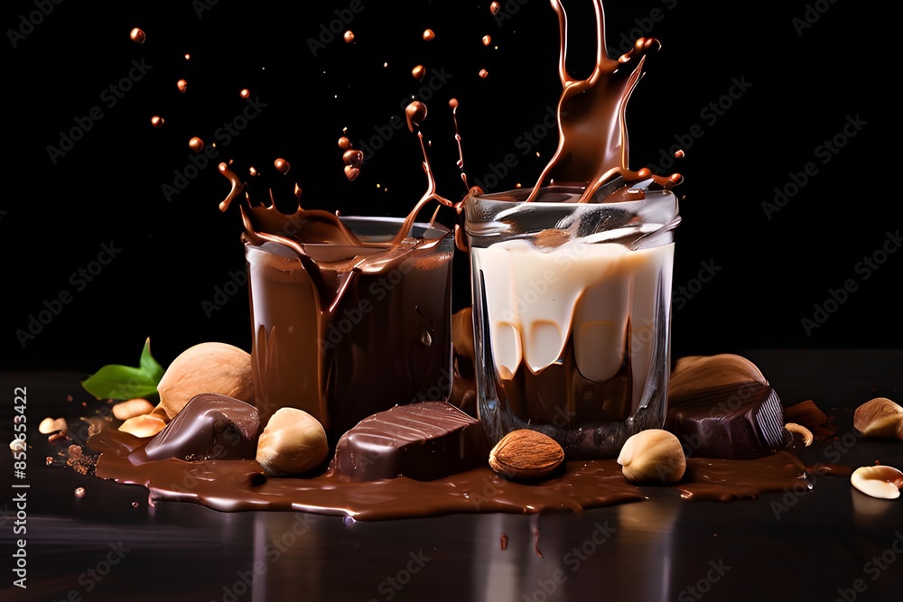 Closeup of splashing and whirling chocolate liquid with milkshakes ...