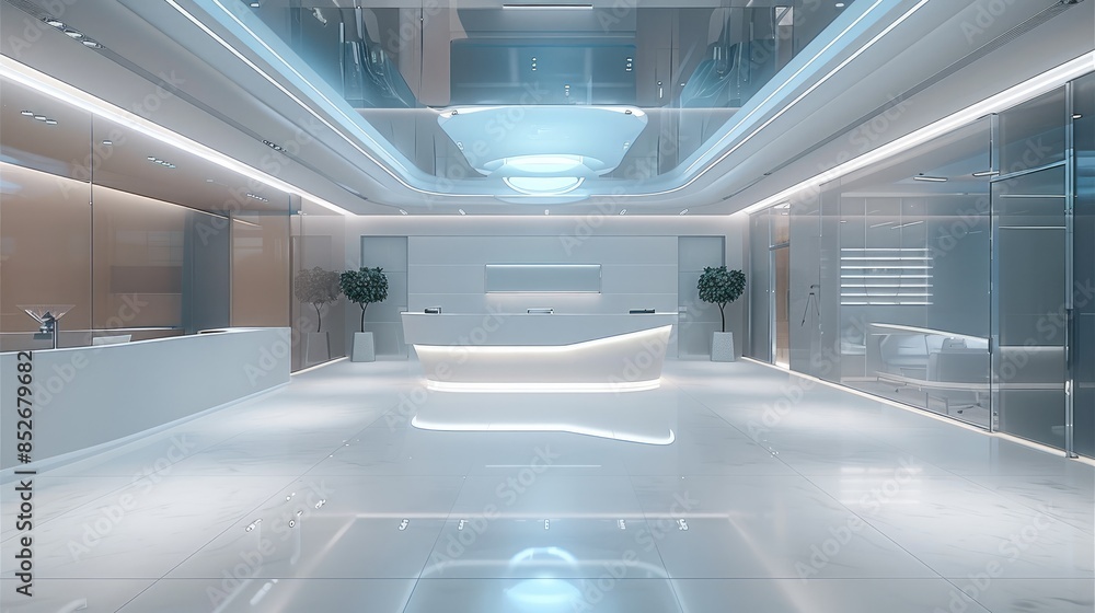 White techno-style corporate gallery on two floors, with front desk and ...