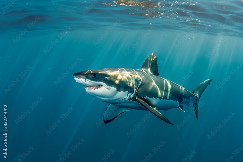 An awe-inspiring underwater view of a Great White Shark gliding ...