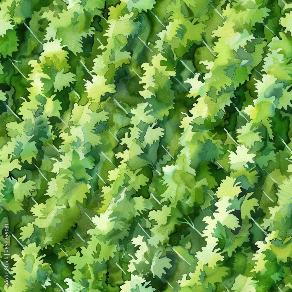 This is a digital watercolor painting of green leaves in diagonal rows ...