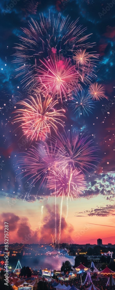 Vibrant fireworks light up the night sky over a lively festival ...