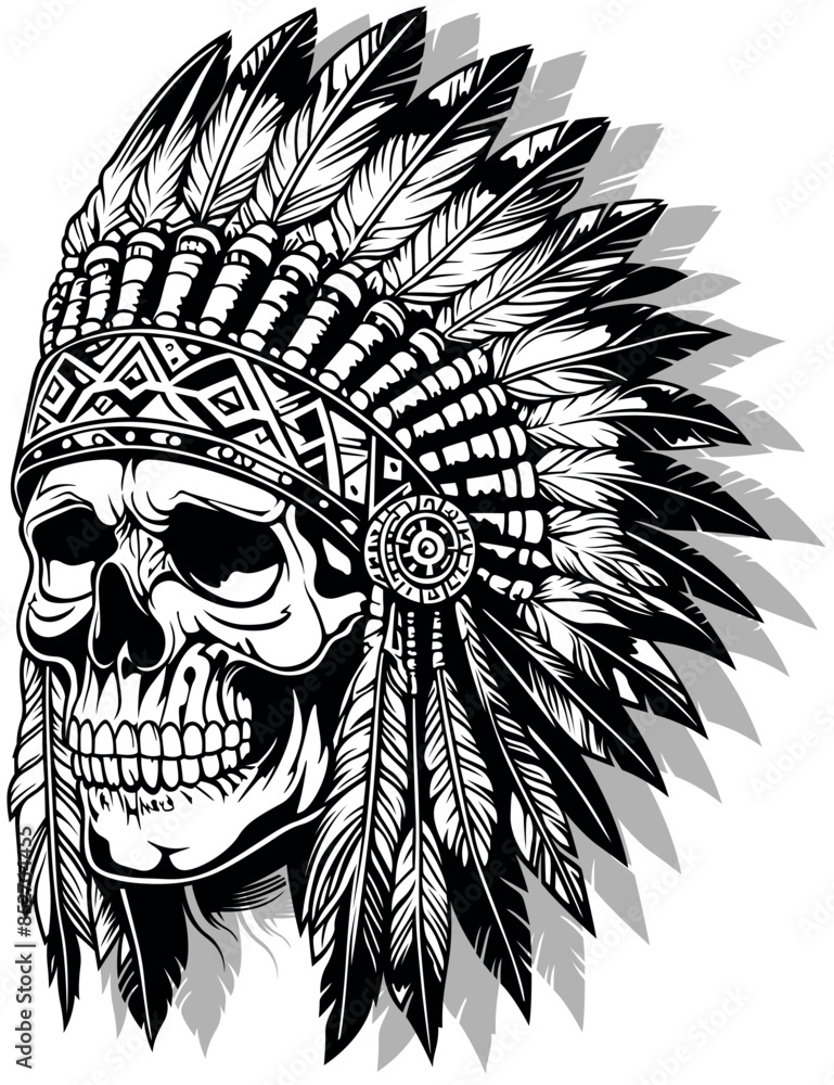 Drawing of an Indian Chiefs Skull with a Feather Headdress - Black ...
