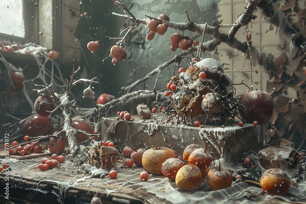 Surreal depiction of a mold-infested kitchen with rotting fruits Stock ...