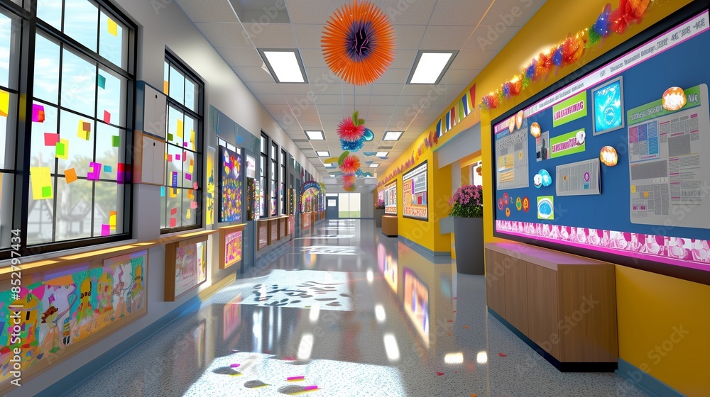 A modern school hallway filled with vibrant decorations celebrating the ...