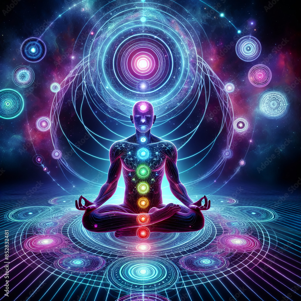 Silhouette of Person in Meditative Pose with Aligned Chakras on Cosmic ...