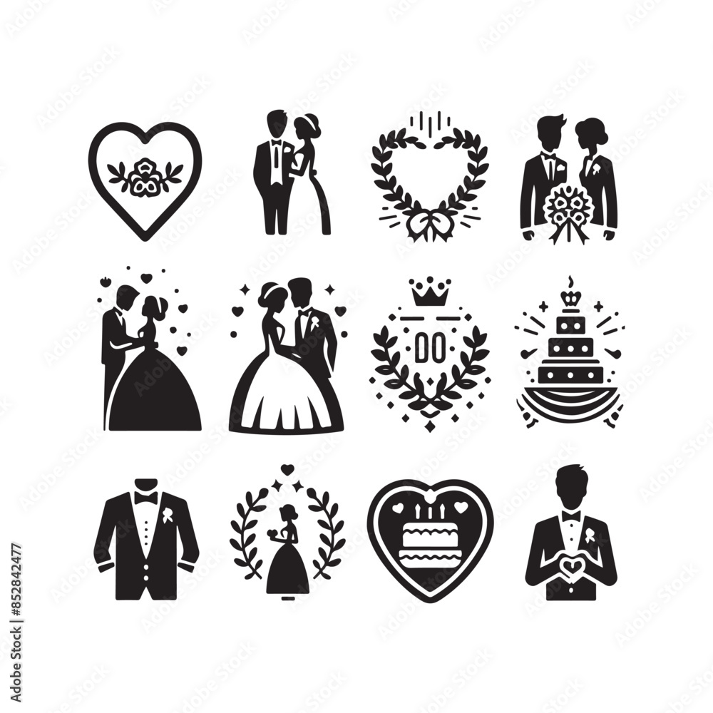 bride & groom, unique floral half moon love black vector silhouette ...