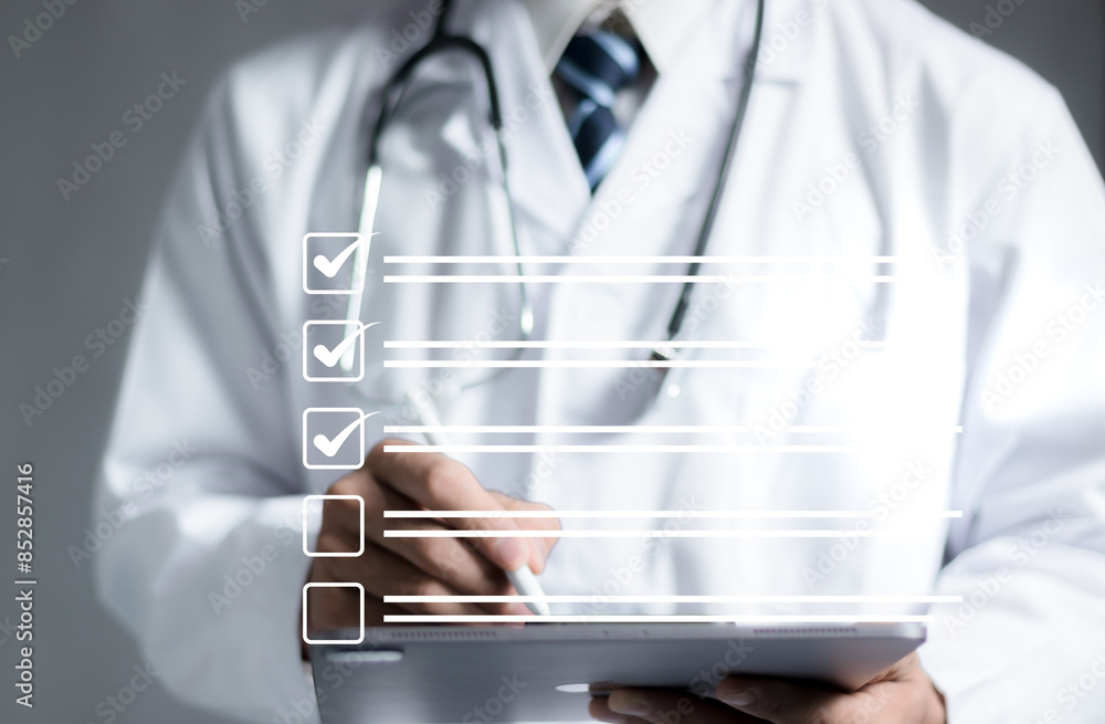 Check list concept.Medical worker with online checklist survey, filling ...