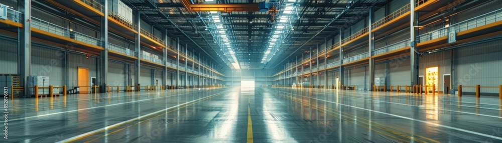 Expansive distribution center, clean design, front view, showing ...